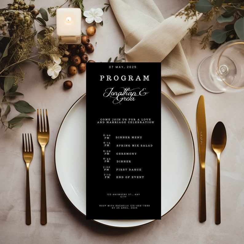 Modern Black Wedding Program Template, Minimalist Order of Service ...