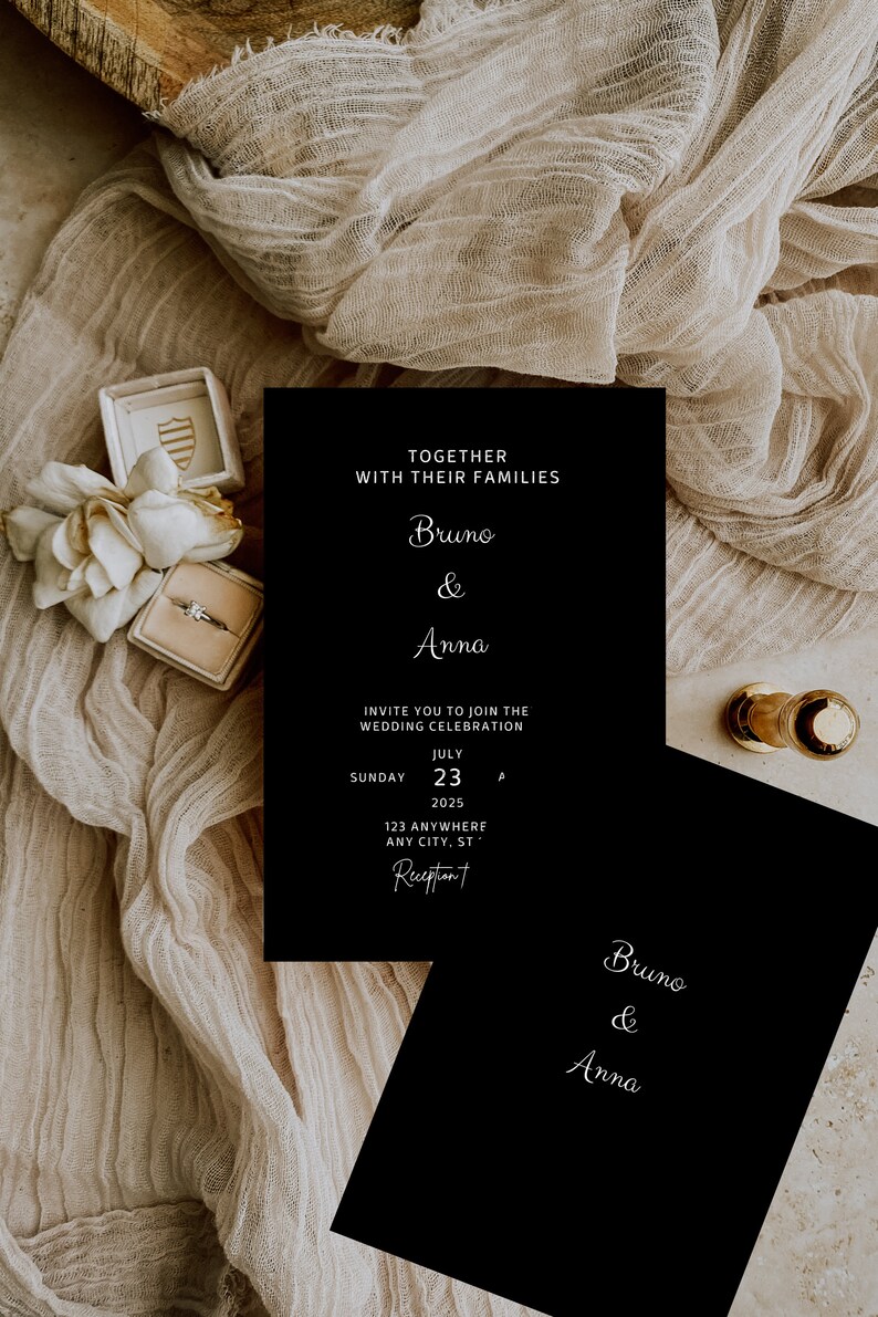 Black Wedding Invitation With QR Code, Minimal Wedding Invite Suite ...