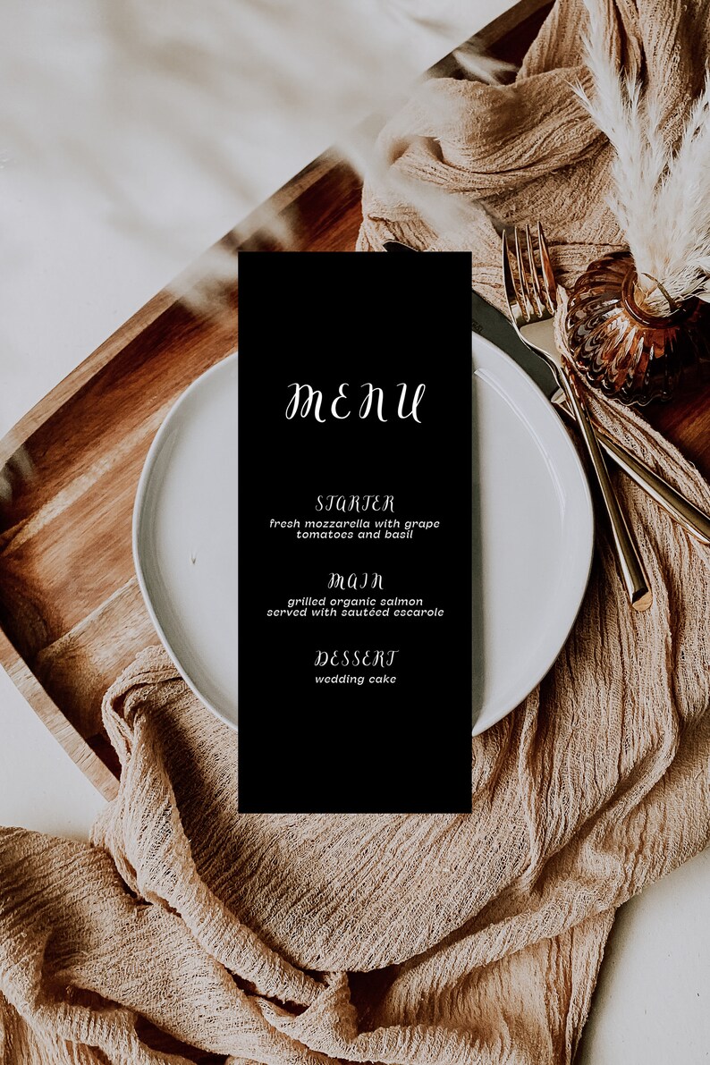 Modern Script Black Wedding Dinner Menu | Black and White Menu Template ...