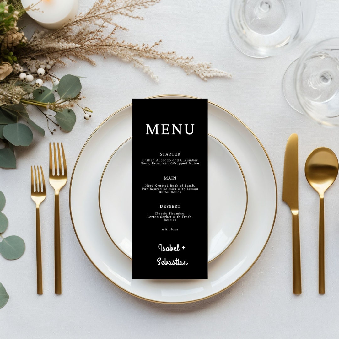 Minimalist Black Wedding Menu Template, Modern Script Wedding Dinner ...