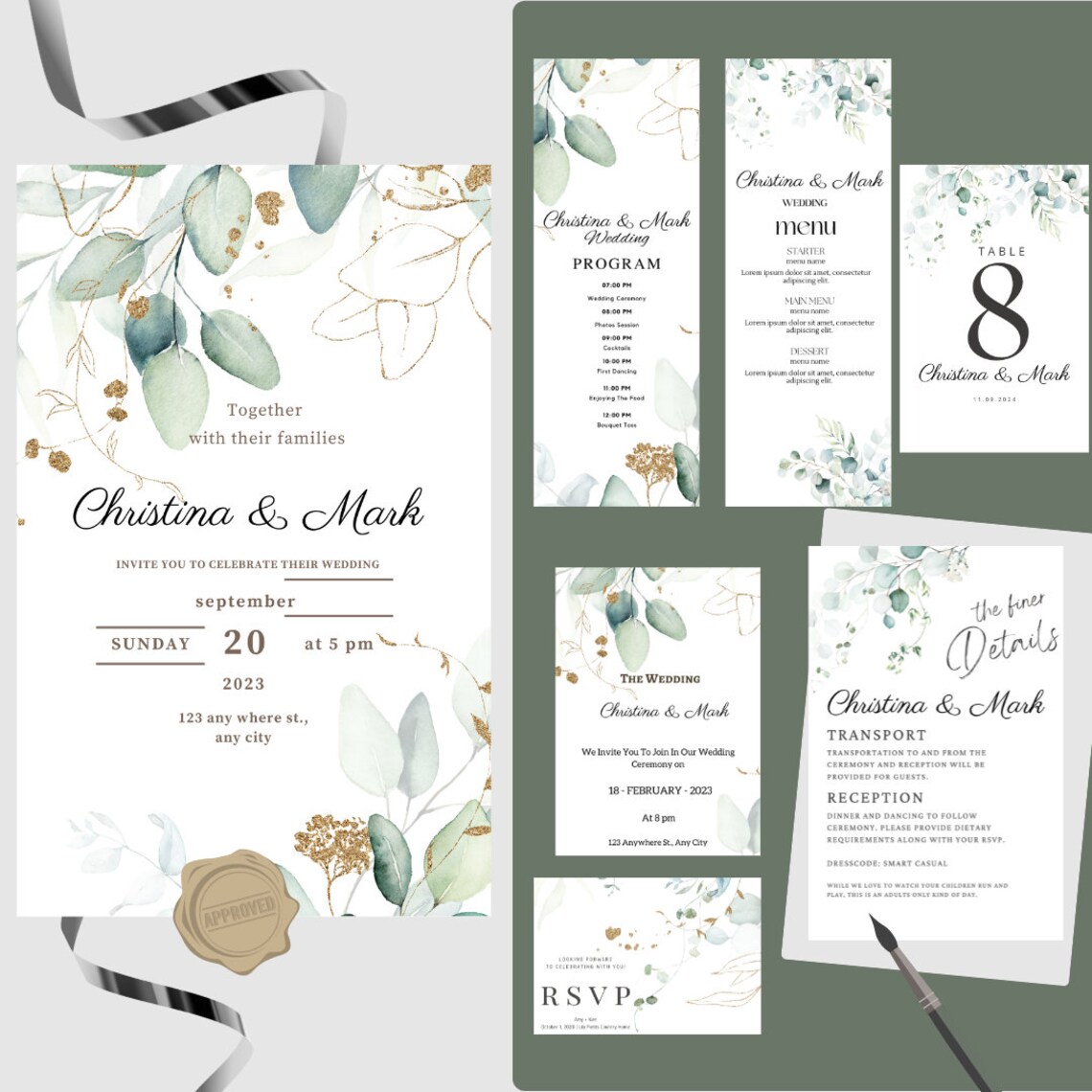 Printable Bundles, Invitation Set, Greenery Place Card, Editable Seat ...