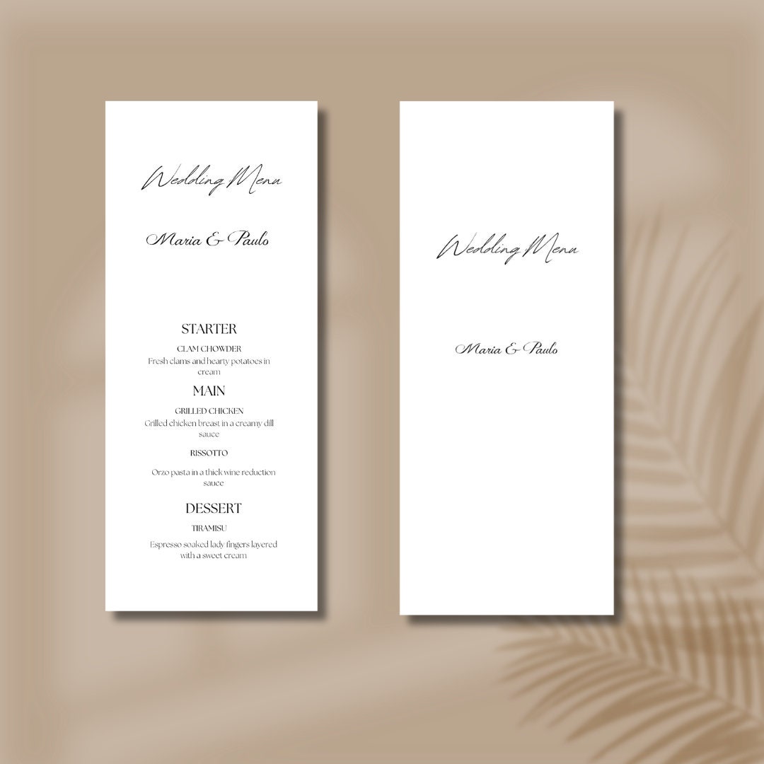 Minimalist Wedding Menu Template, Modern Script Wedding Dinner Menu ...