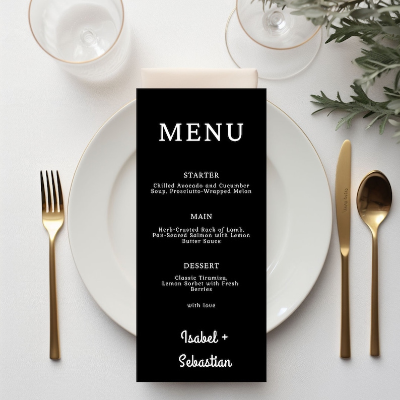 Minimalist Black Wedding Menu Template, Modern Script Wedding Dinner ...
