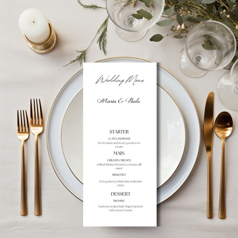 Minimalist Wedding Menu Template, Modern Script Wedding Dinner Menu ...