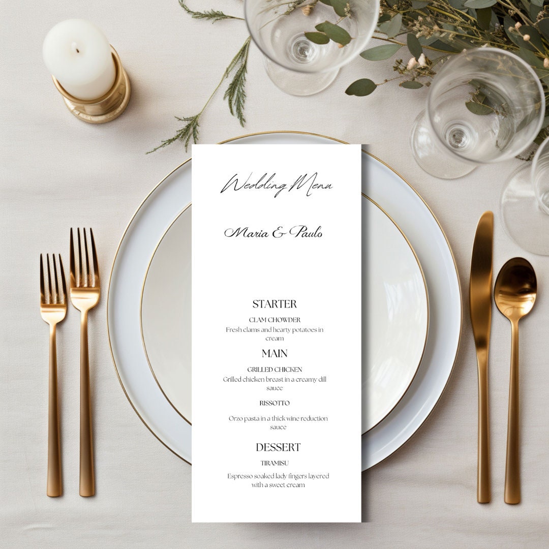 Minimalist Wedding Menu Template, Modern Script Wedding Dinner Menu ...