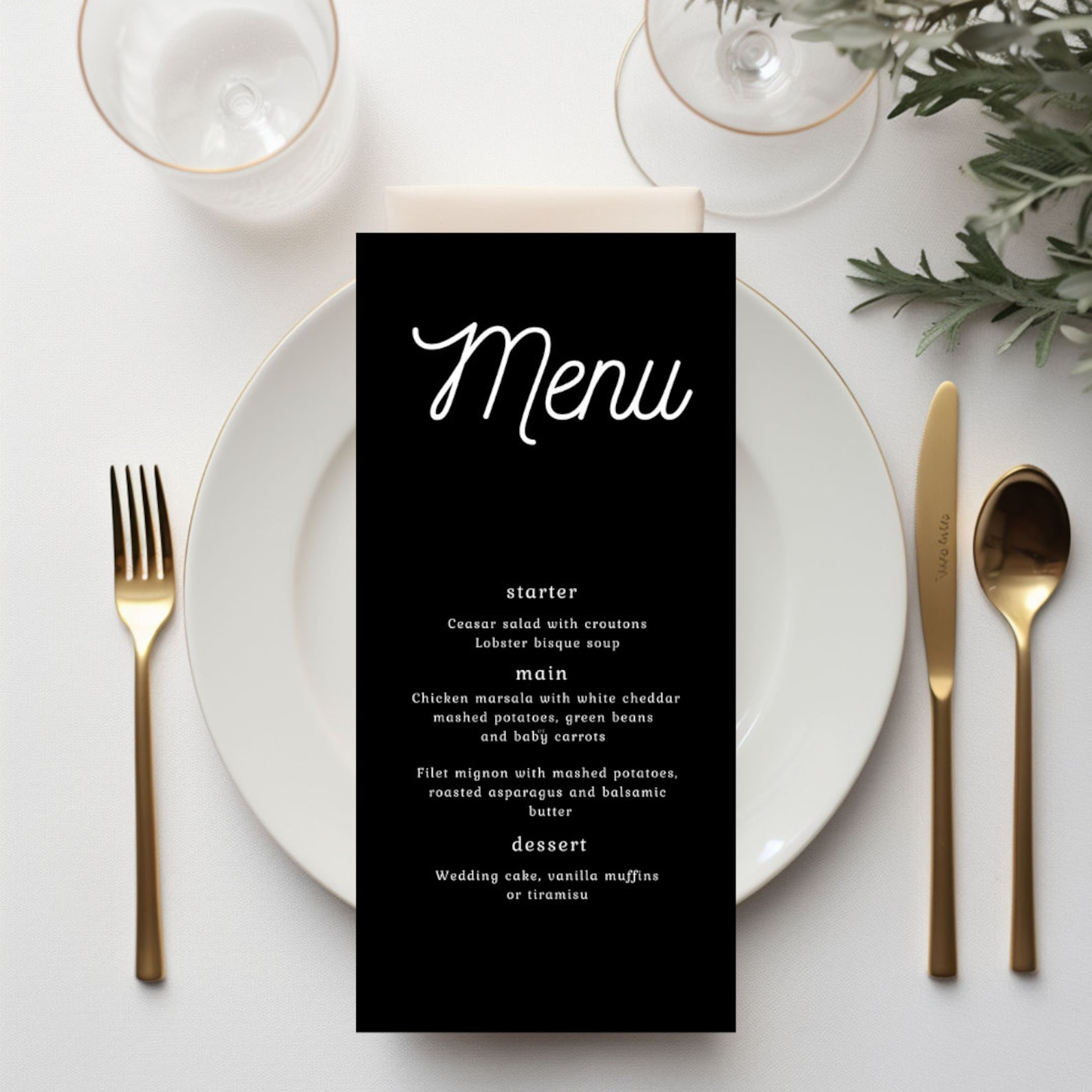 MODERN Black Wedding Menu Template, MINIMALIST Script Wedding Dinner ...