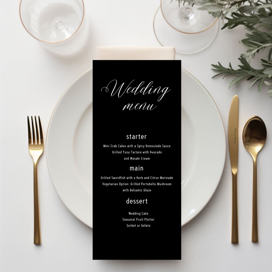 MODERN Wedding Menu Template, MINIMALIST Black Script Wedding Dinner ...