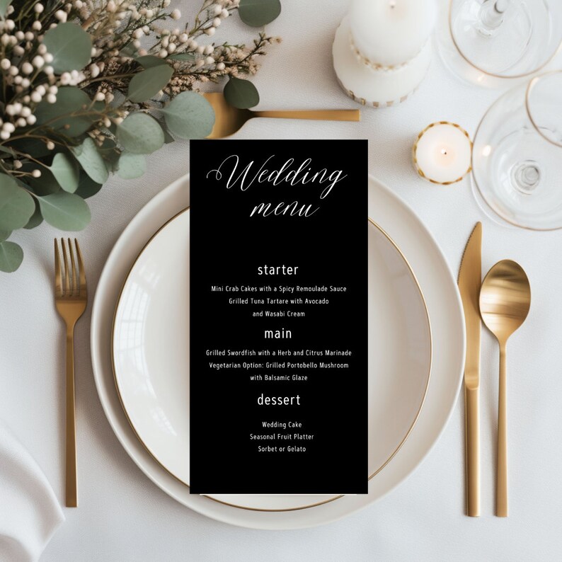 MODERN Wedding Menu Template, MINIMALIST Black Script Wedding Dinner ...