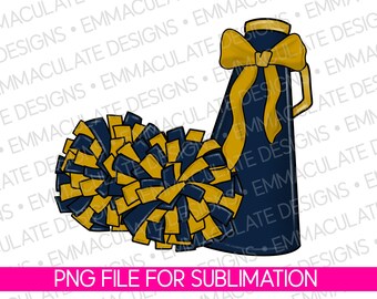 Navy and Old Gold Megaphone & Poms Digital Design | Hand Drawn | PNG ...