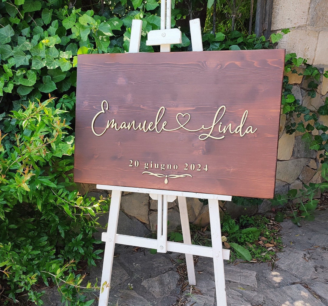 Custom Couple Name Sign – Cursive Gold Wood Wedding & Engagement Sign ...