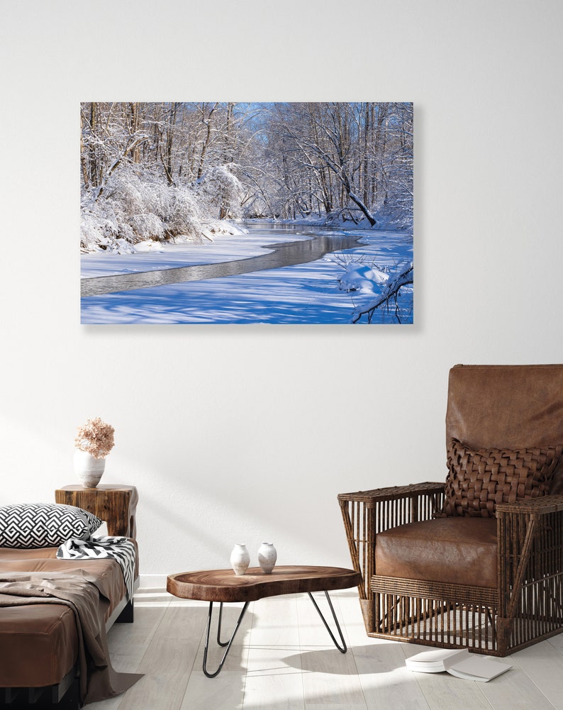 Stream With Snow Covered Trees, River in Winter, Flowing Water, Frozen ...