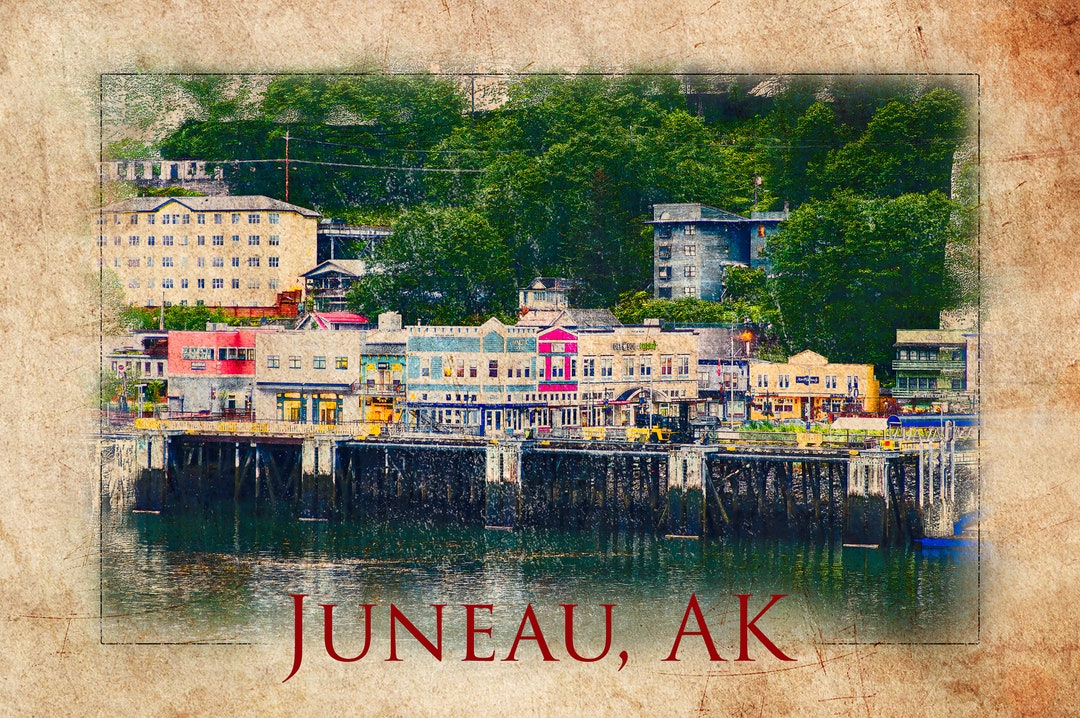 Juneau Alaska Downtown Illustration on Vintage Parchment Background ...