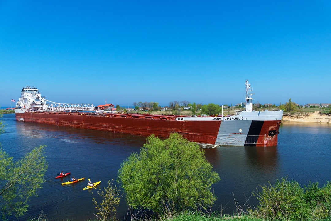 Cargo Freighter in Lake Michigan Harbor, Ship Art, Michigan Photography ...