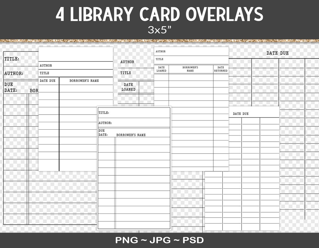 Library Card Overlay Templates, Junk Journal Design Assets, Set of 4 ...