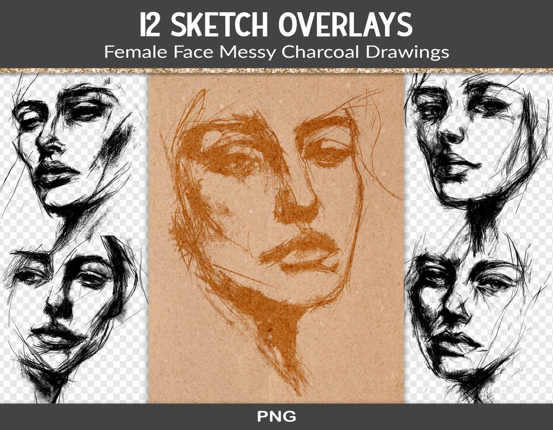 Sketch Overlays, 12 Female Face Png Files, Messy Grunge Charcoal ...