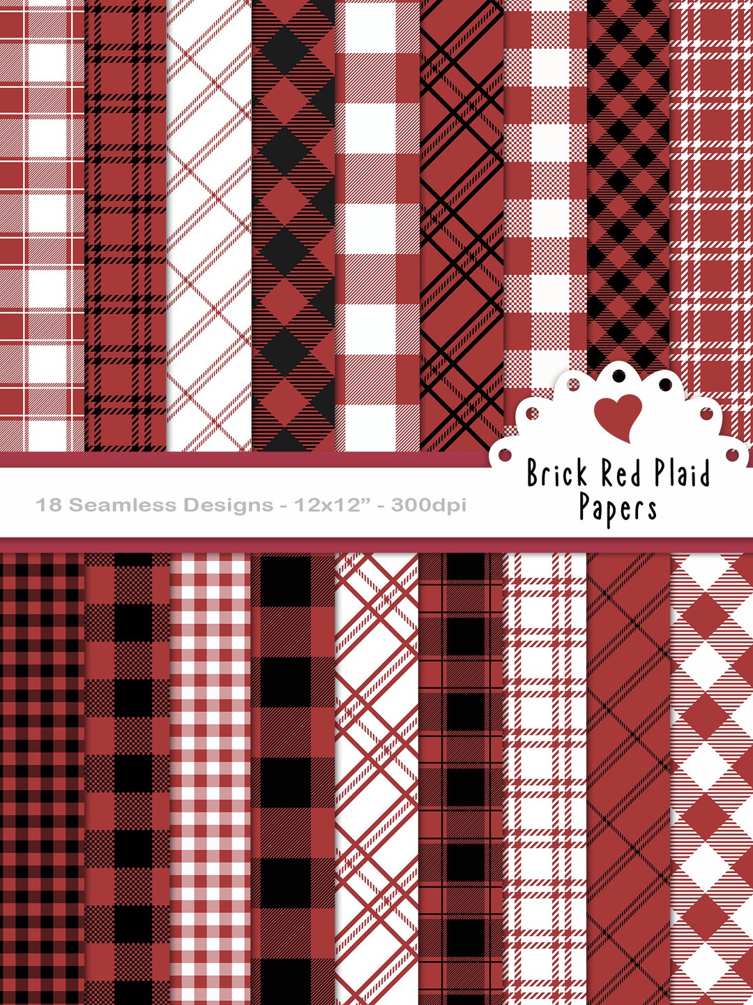 Brick Red Buffalo Plaid Digital Papers, Seamless Paper Backgrounds ...