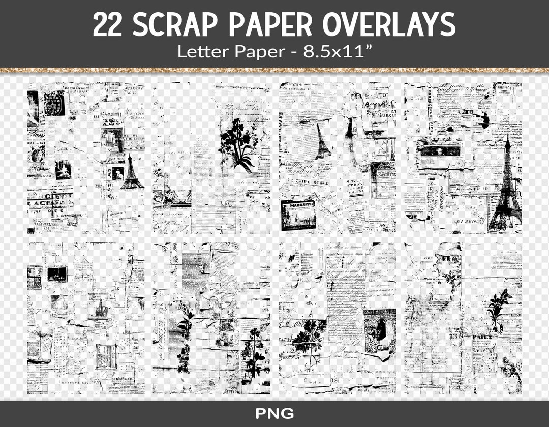 Grunge French Newspaper Scrap Overlays, 22 Distressed Letter Size Paper ...