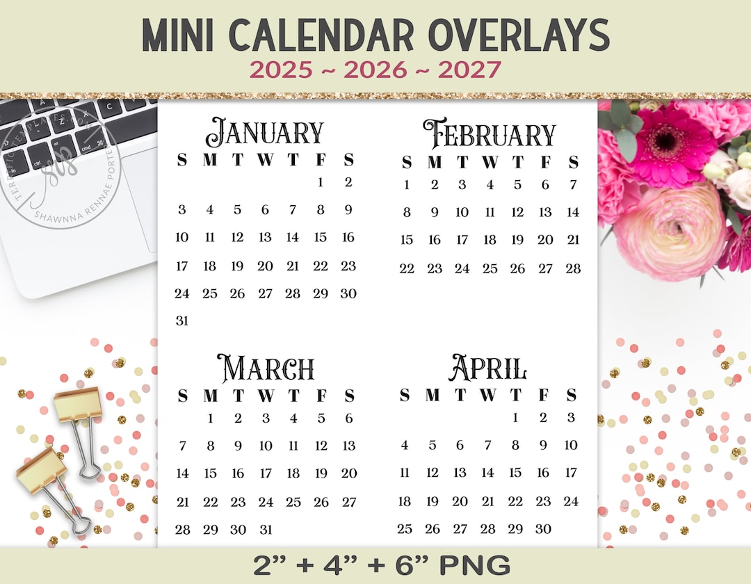 Mini Calendar Overlays, 3 Years 2025-2027, 3 Sizes for Each, Individual ...