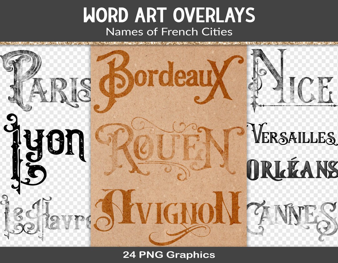 French City Name Overlays, Vintage Text Designs for Junk Journal or ...