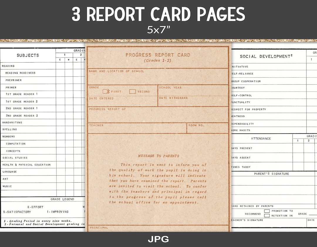 Vintage Report Card Pages, Junk Journal Design Element, Set of 3 Jpg ...