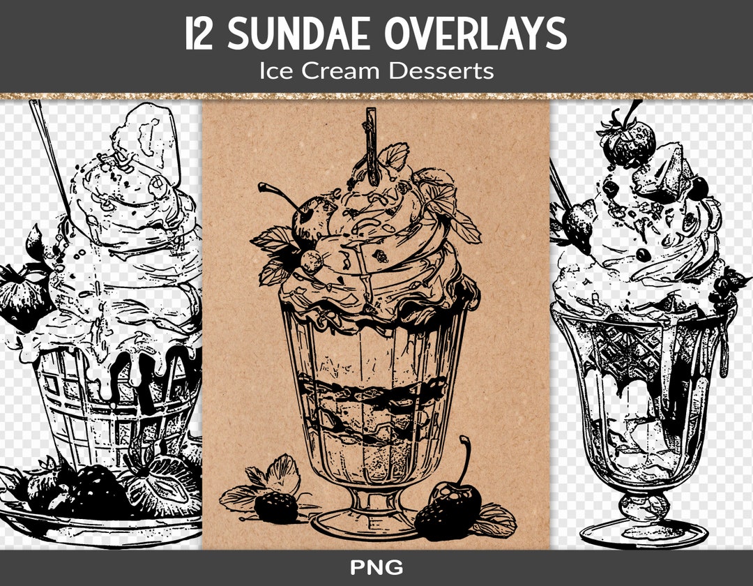 Ice Cream Sundae Digi Stamp, Monotone Png Graphics, Decorative Shabby ...
