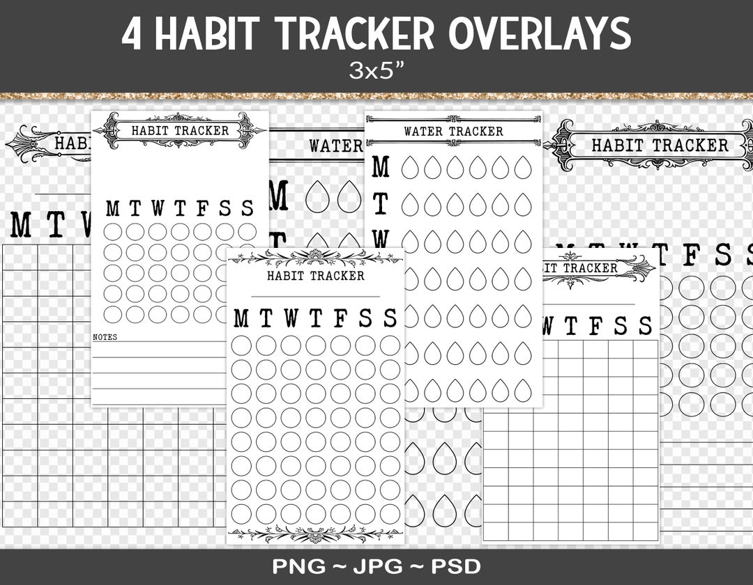 Habit Tracker Card Overlay Templates, Junk Journal Design Assets, Set ...