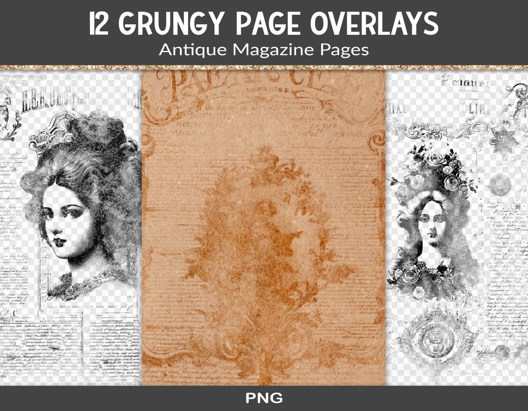 Grunge Vintage Overlays, 12 Distressed Letter Size Magazine Page Png ...