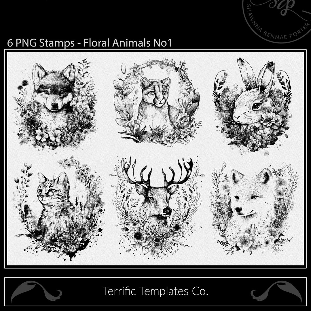 Wild Animals Digital Stamp Monotone Png Graphics Decorative - Etsy