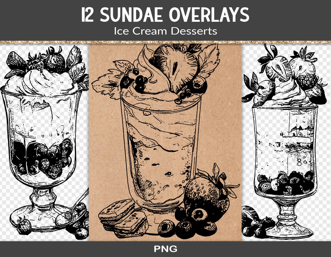 Ice Cream Sundae Digi Stamp, Monotone Png Graphics, Decorative Shabby ...