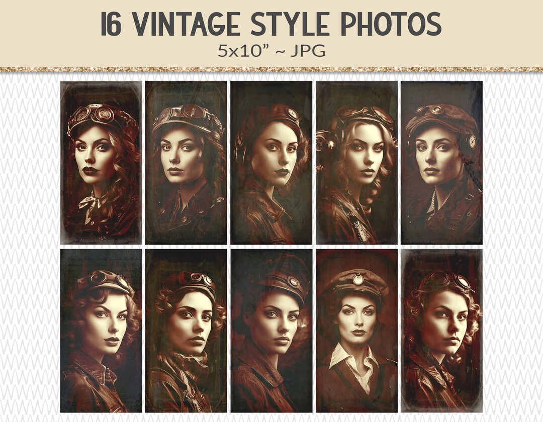 Air Pilot Woman Portrait Photographs, 16 Vintage Red Distressed Tone ...