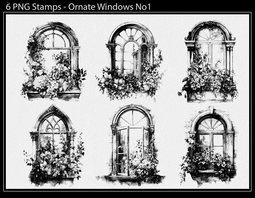 Ornate Window Frame Digital Stamp Monotone Png Graphics - Etsy