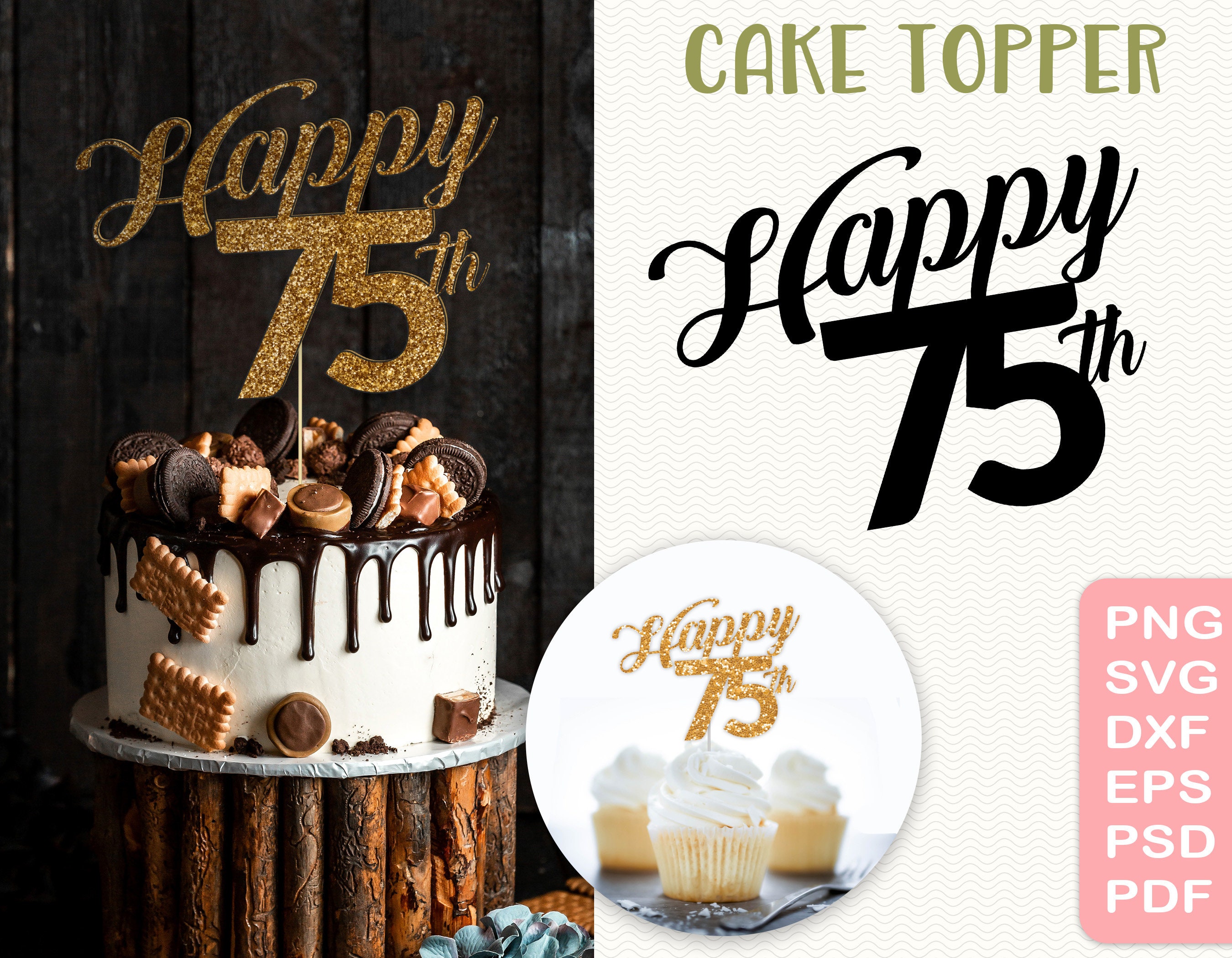Happy 75th Birthday Cake Topper Anniversary Digital Graphic - Etsy