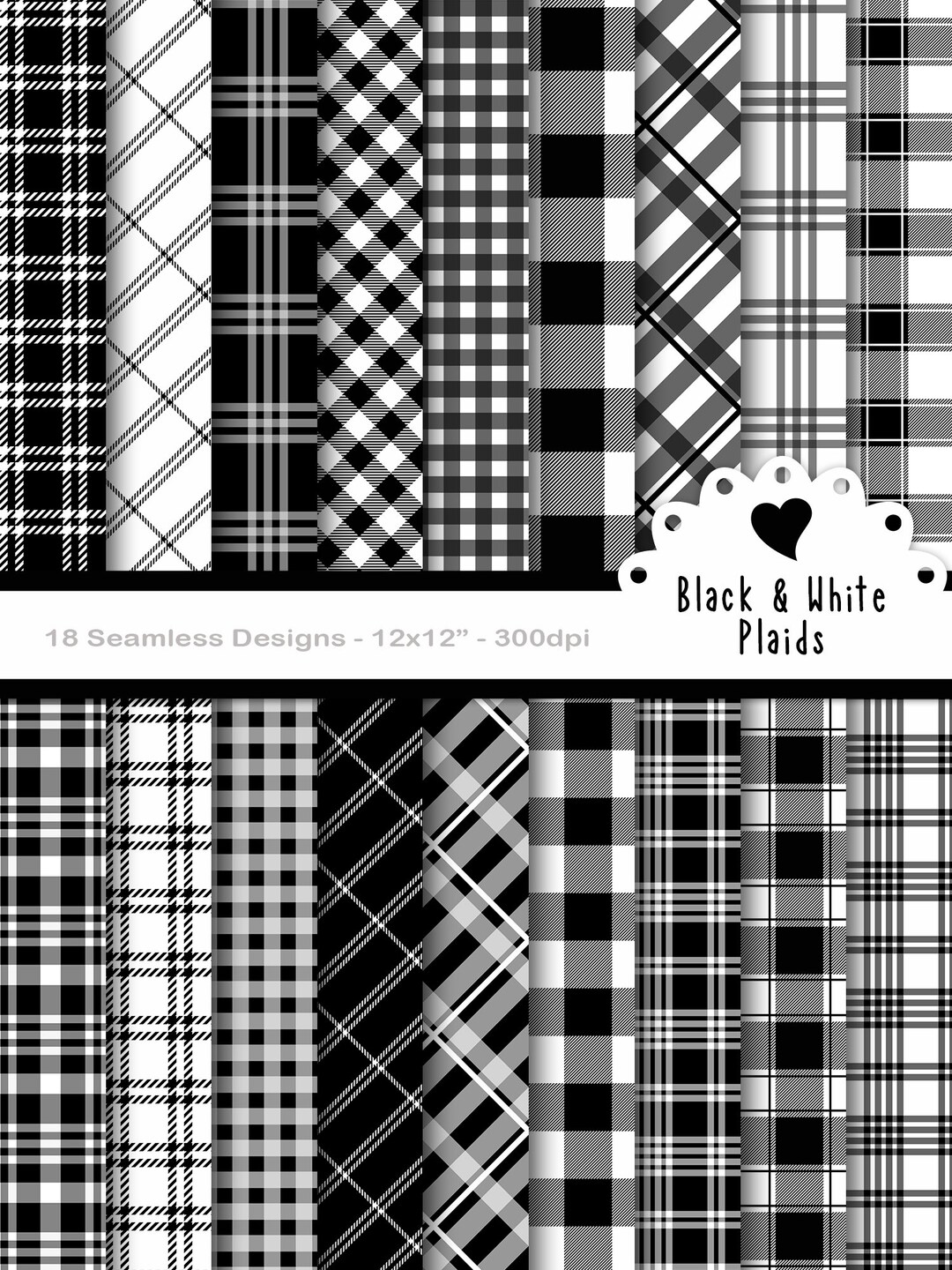 Black and White Buffalo Plaid Digital Papers, Seamless Paper ...