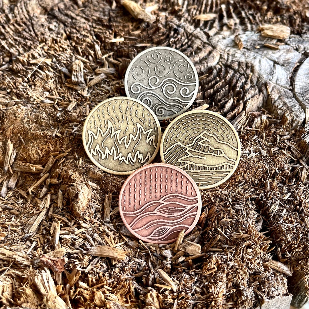 FOUR ELEMENTS Coins Set Four Elements Coin Pendant Keychain Pin Badge ...