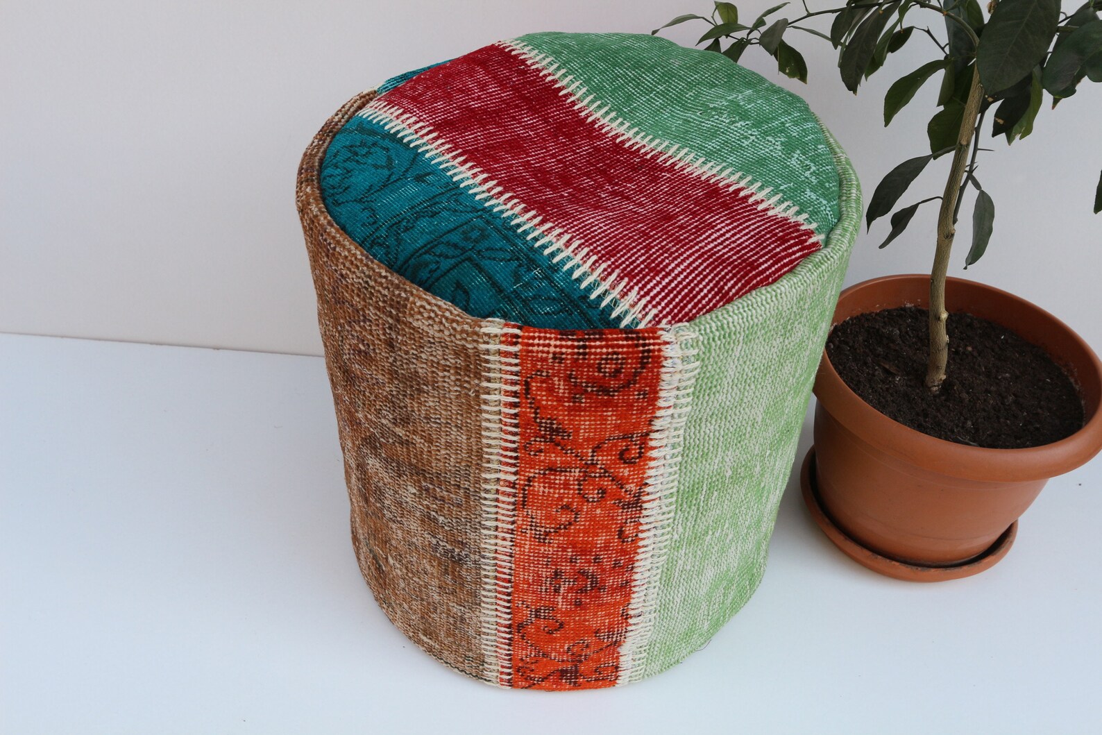Colorful Pouf Patchwork Pouf Handmade Pouf Blue Pouf Brown | Etsy