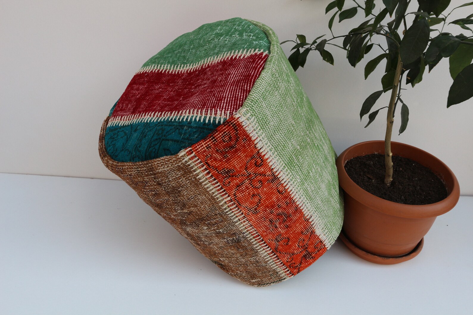 Colorful Pouf Patchwork Pouf Handmade Pouf Blue Pouf Brown | Etsy