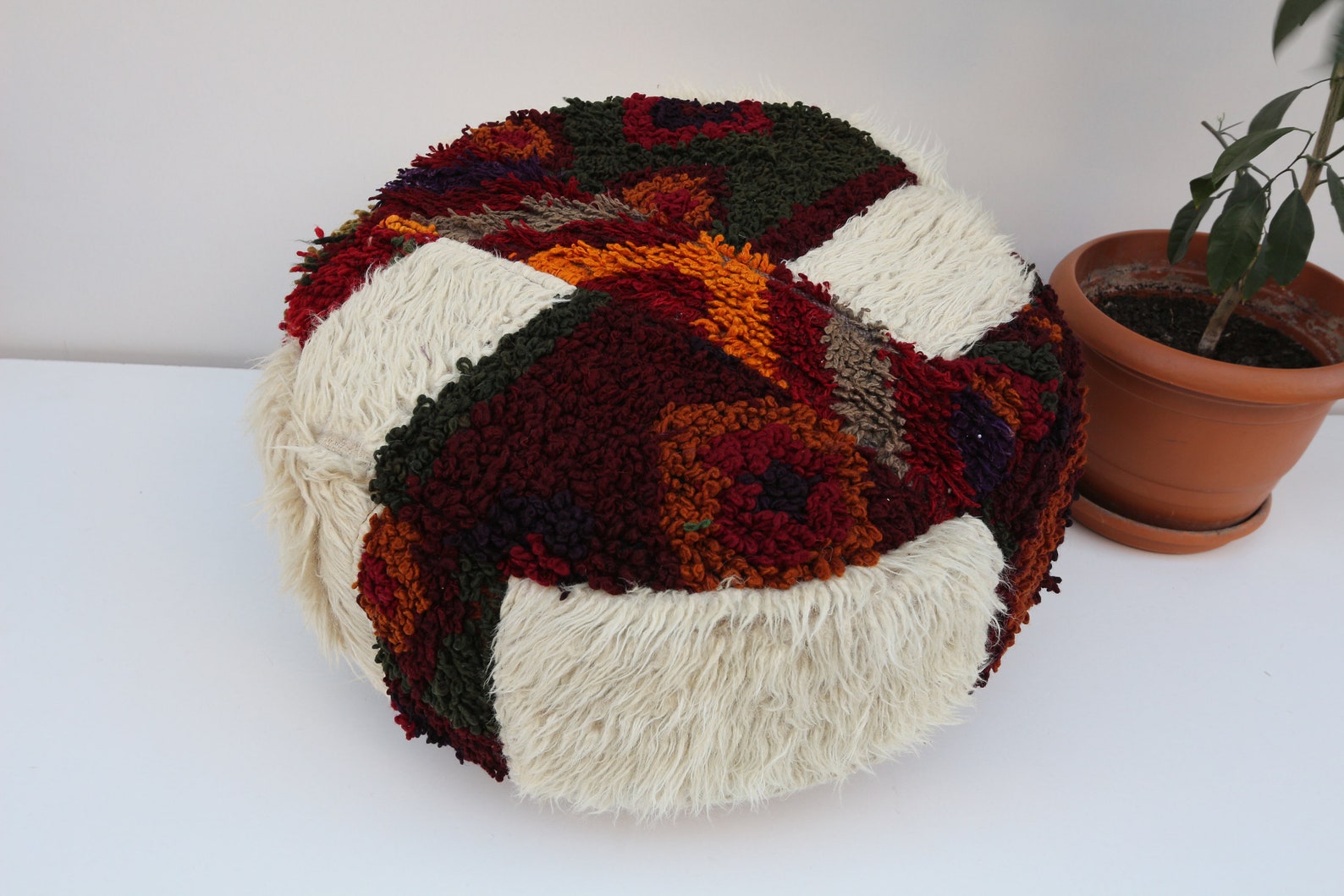 Round Wool Pouf Berber Rug Pouf Modern Colorful Pouf | Etsy