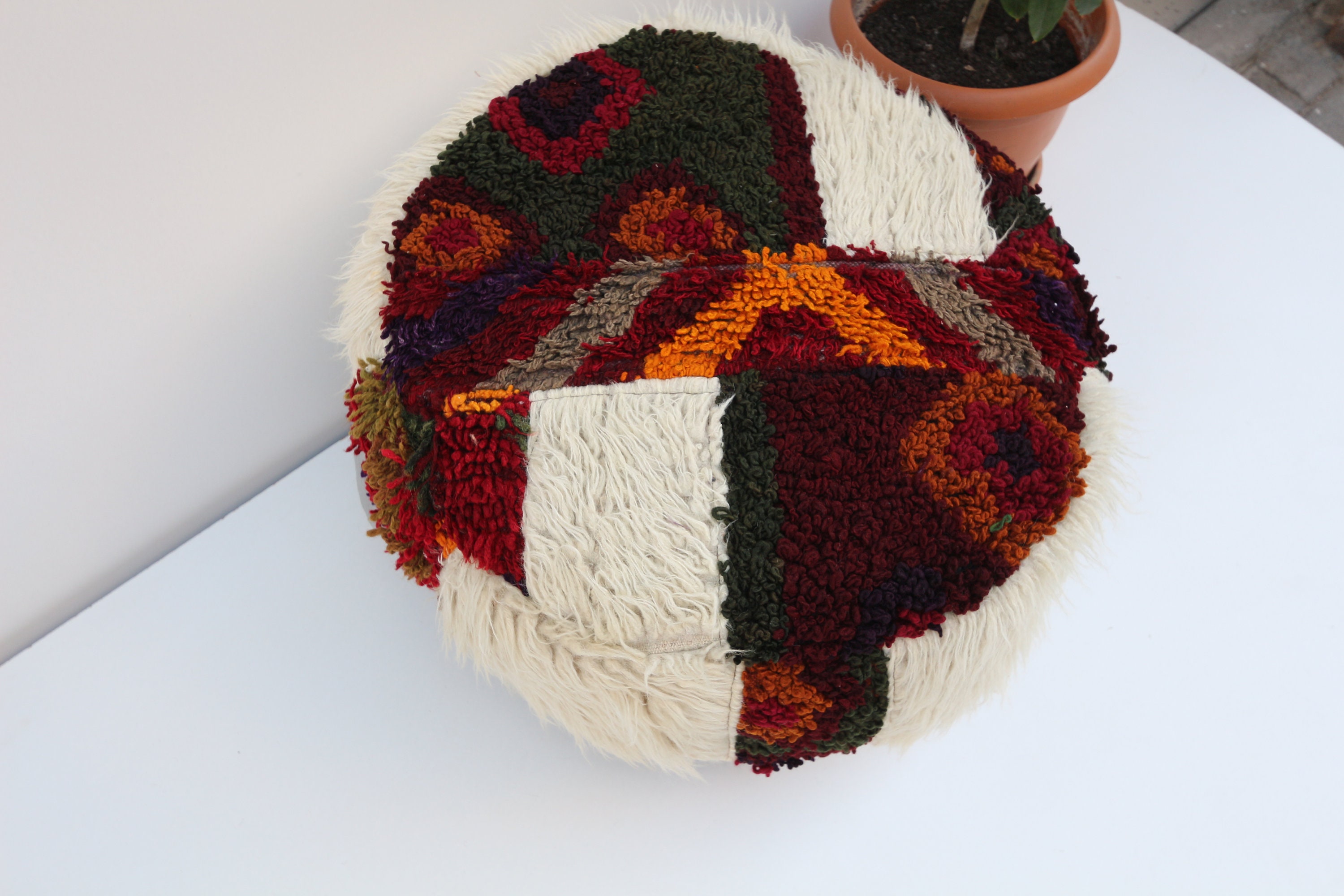 Round Wool Pouf Berber Rug Pouf Modern Colorful Pouf | Etsy