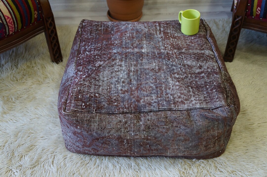 Vintage Wool Square Pouf Ottoman: Turkish Anatolian Rug Floor Pillow - Etsy