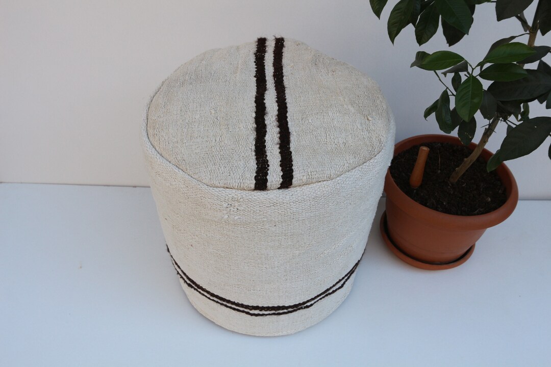 Hemp White Pouf, Black and White Pouf, Cotton Pouf, Natural Hemp Pouf ...