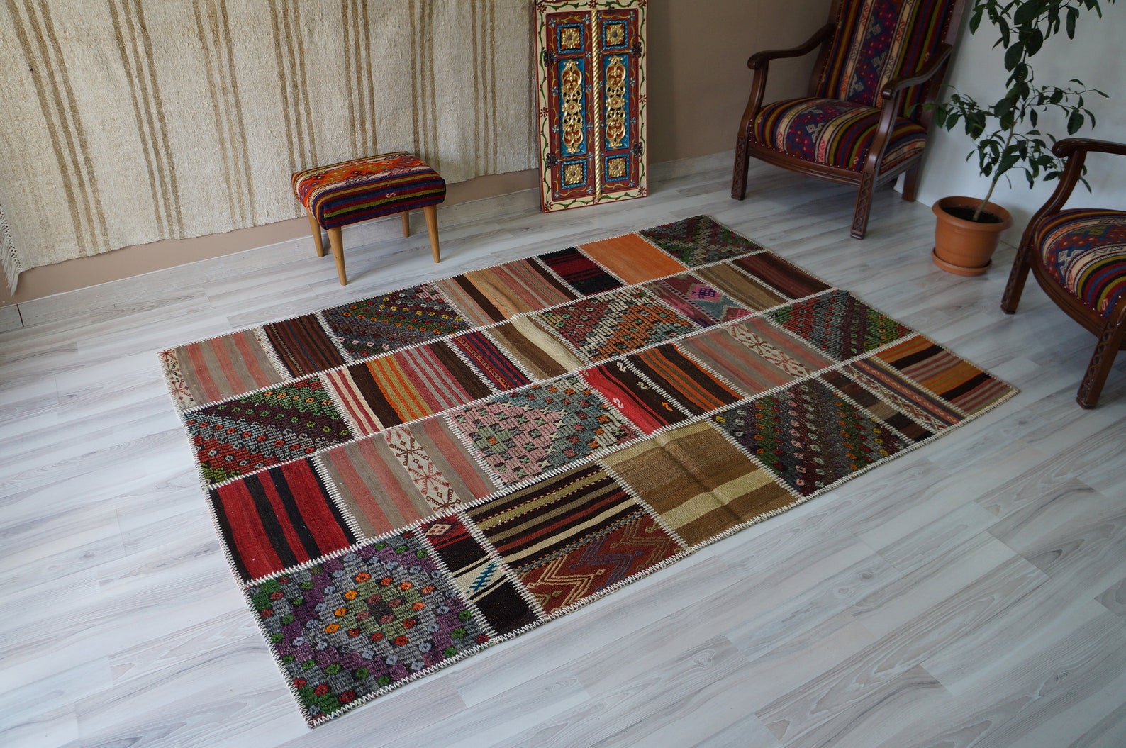 Turkish Modern Rustic Colorful Natural Wool Rug Patchwork - Etsy