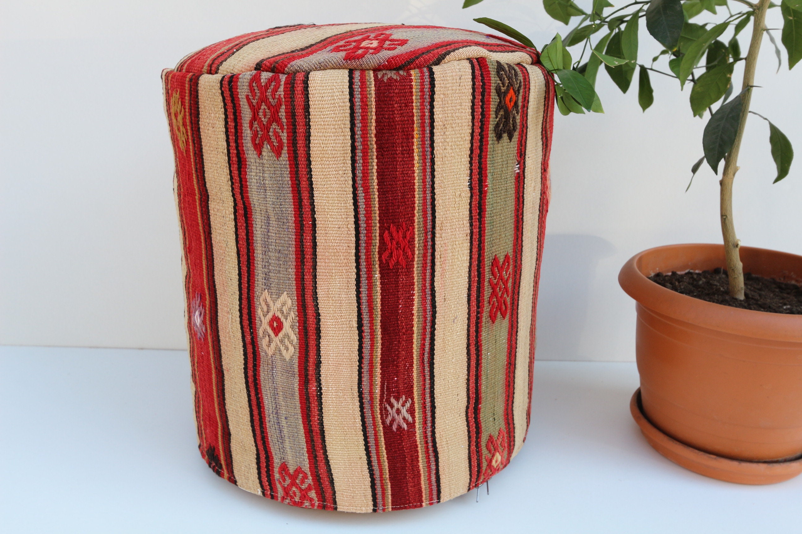 Kilim Pouf Red Color Pouf Handmade Wool Pouf Decorative | Etsy