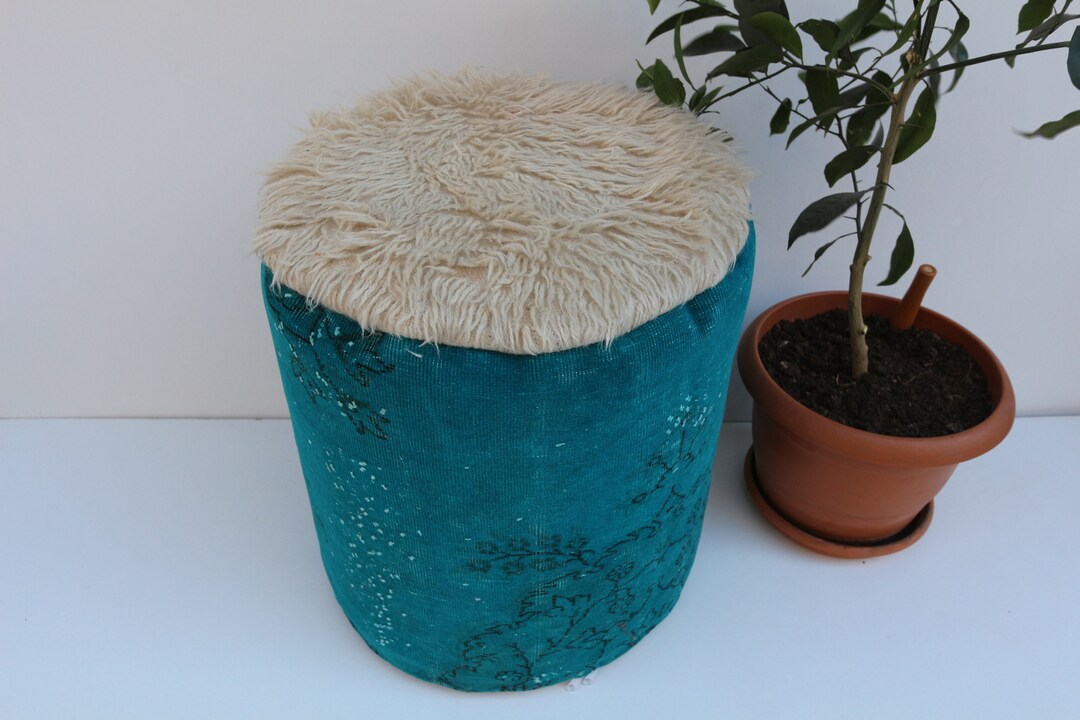 White Pouf, Turquoise Pouf, Handmade Wool Pouf, Blue and White Pouf ...