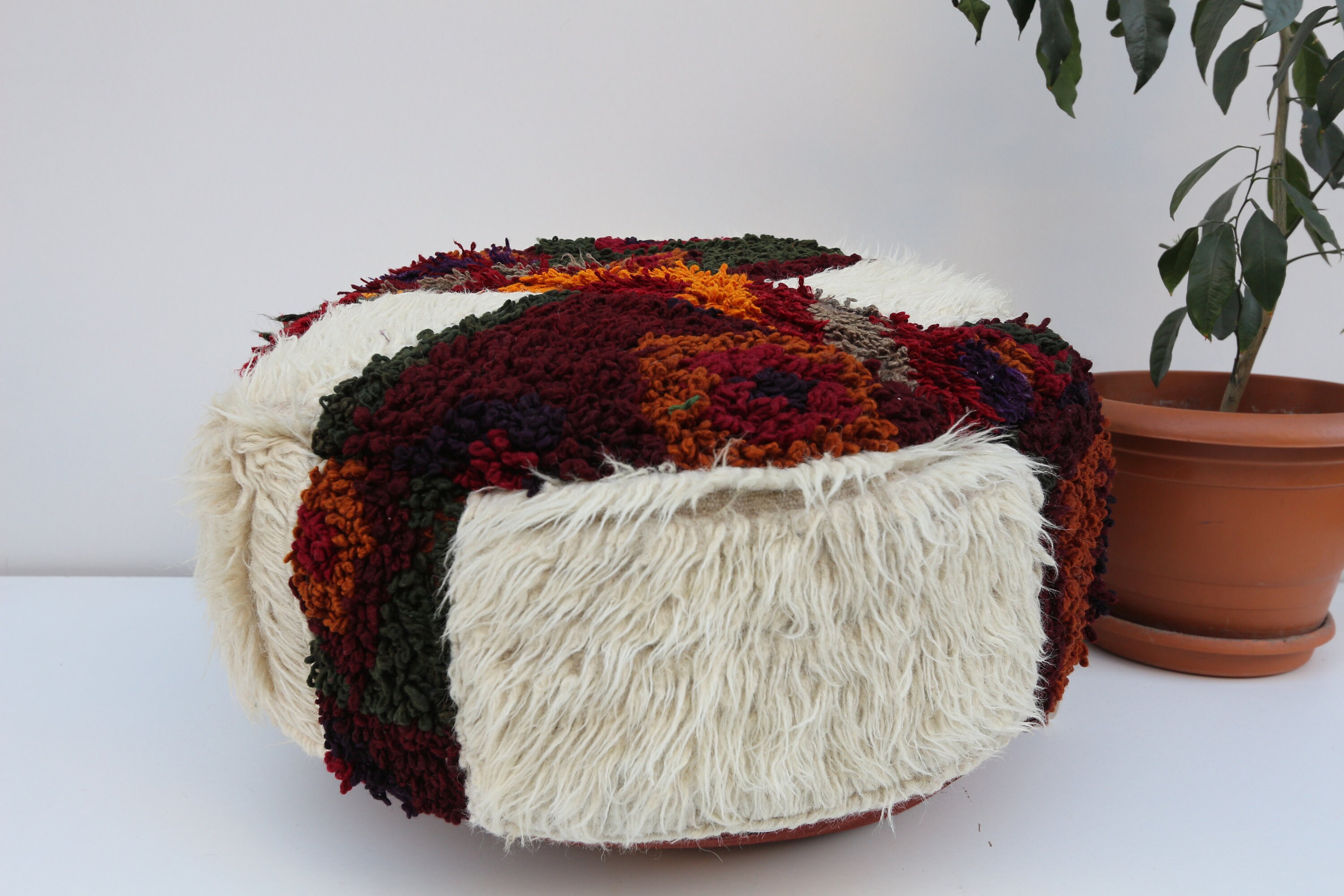 Round Wool Pouf Berber Rug Pouf Modern Colorful Pouf | Etsy
