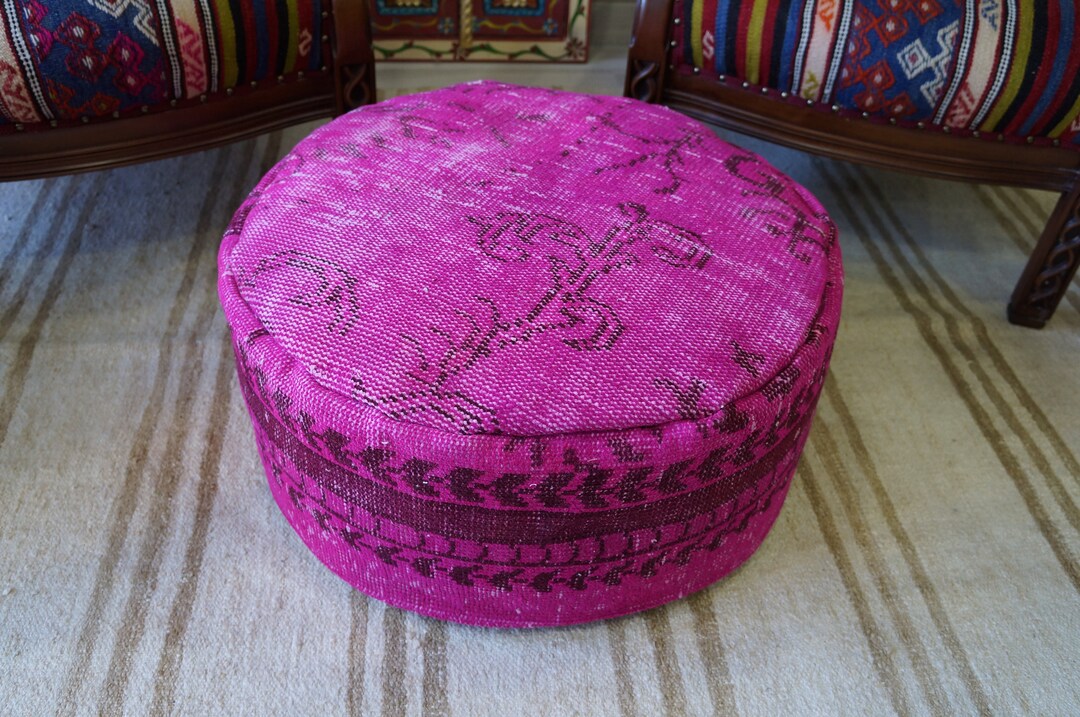 Handmade Pink Round Ottoman Pouf - Vintage Turkish Rug Cover - Etsy
