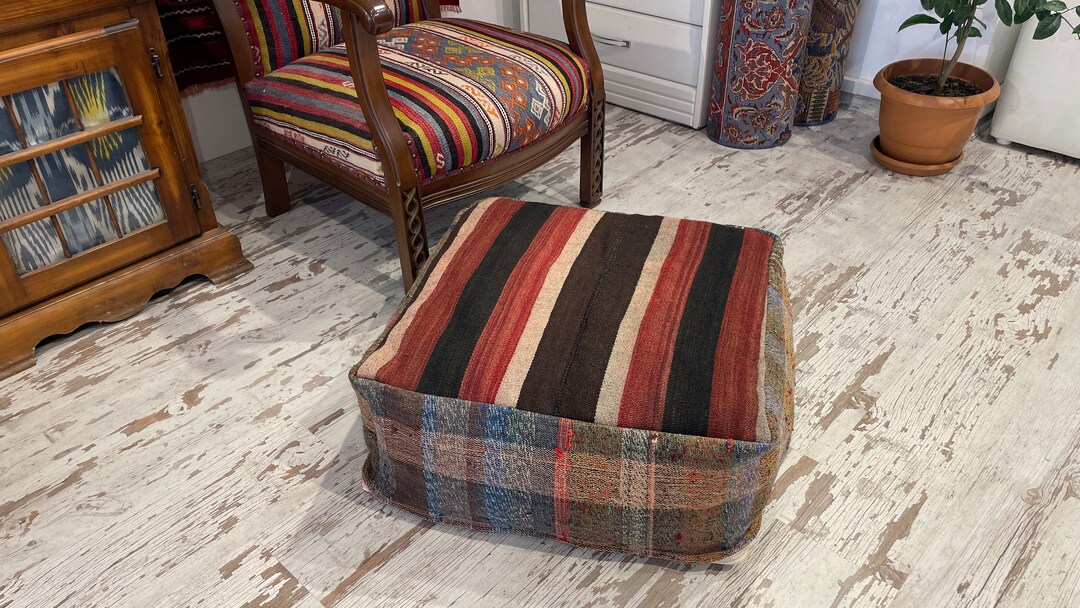 Striped Design Square Ottoman Floor Pouf Decorative Vintage Retro ...