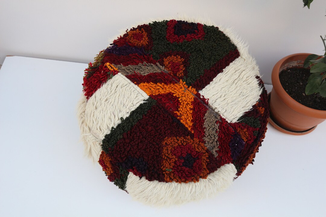 Round Wool Pouf, Berber Rug Pouf, Modern Colorful Pouf, Ottoman Pouf ...