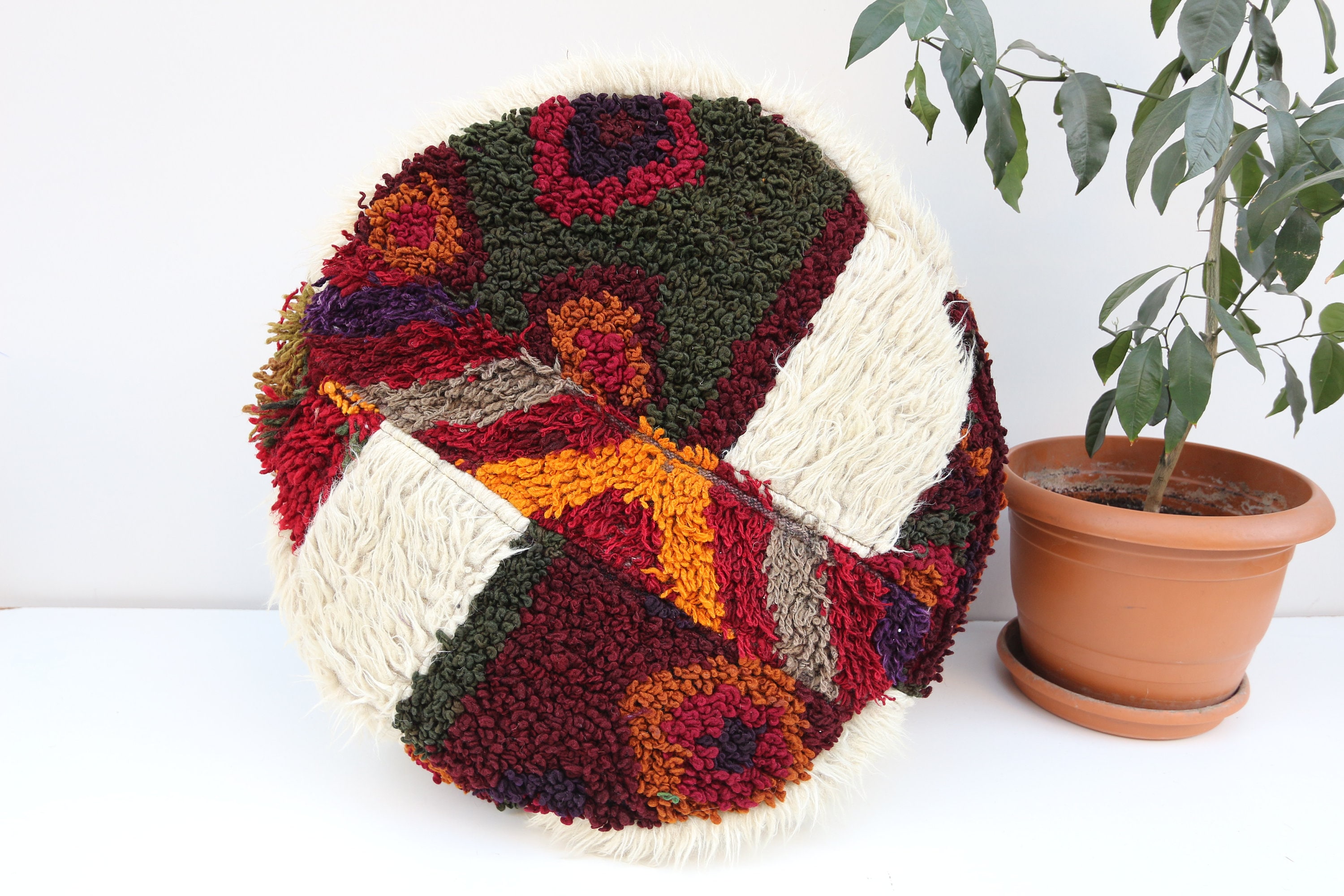 Round Wool Pouf Berber Rug Pouf Modern Colorful Pouf | Etsy