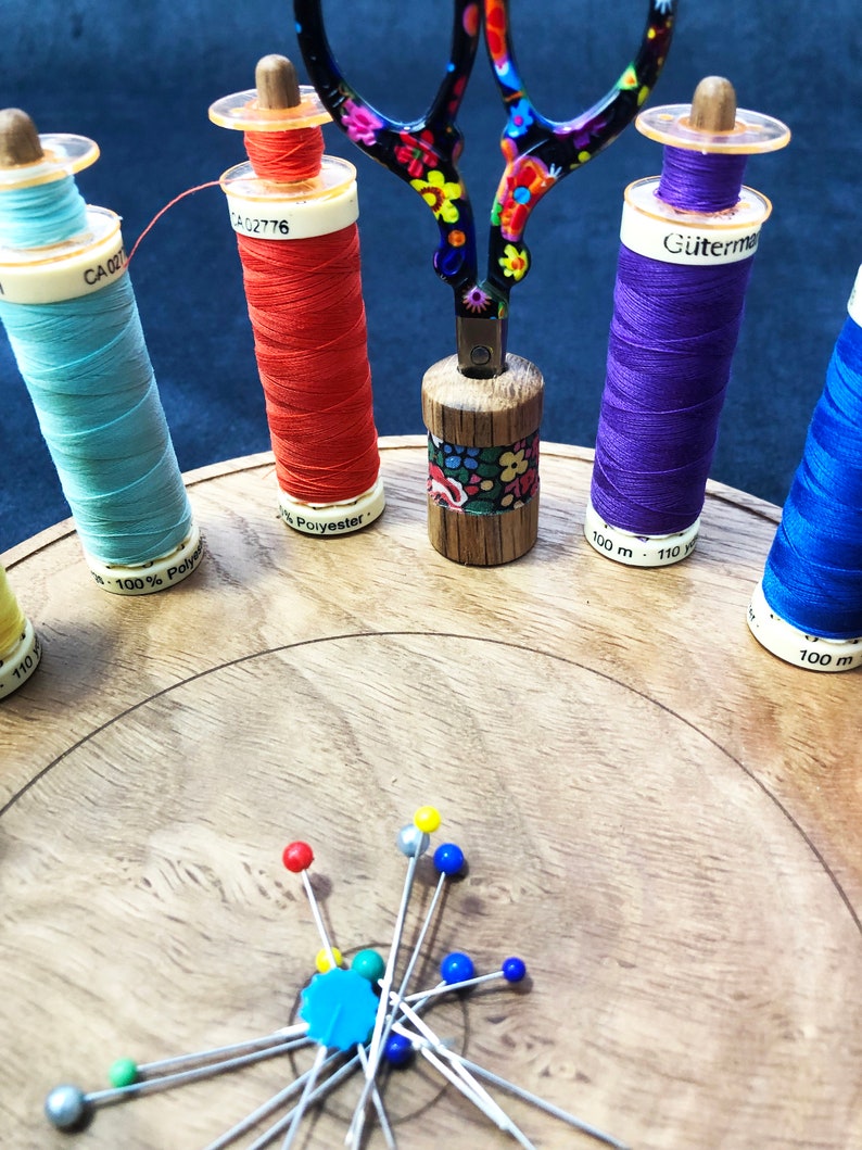Liberty Fabric Sewing Work Station: Oak 8 Spool & Scissor Holder - Etsy