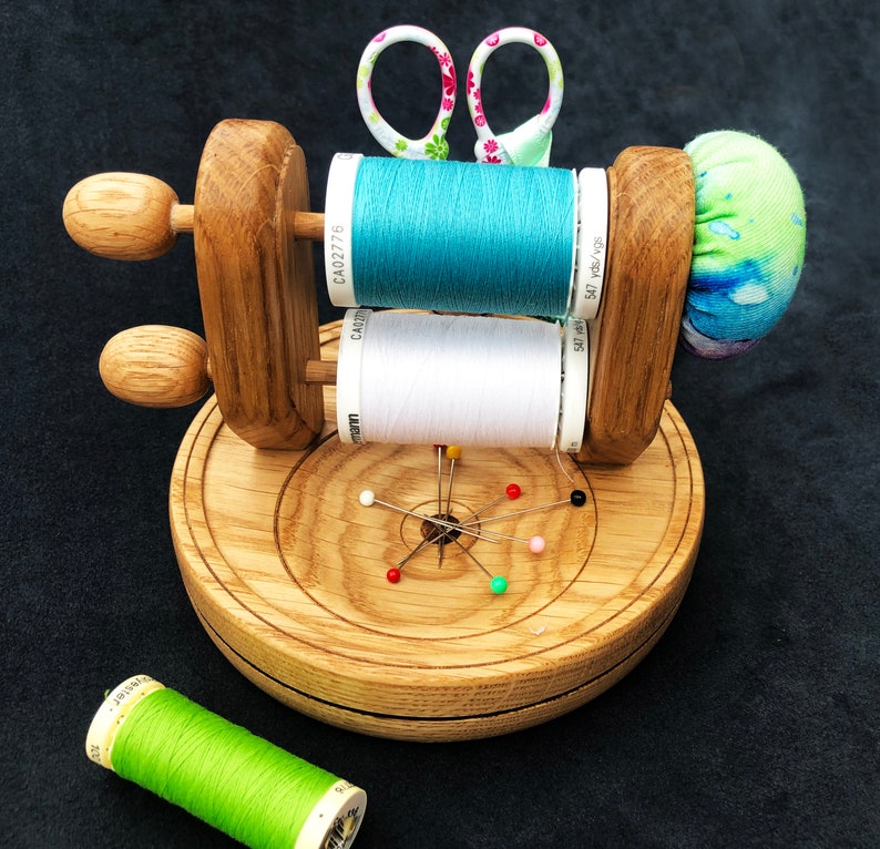 Handmade Oak Sewing Station: Double Spool, Pin Cushion & Scissor Holder ...